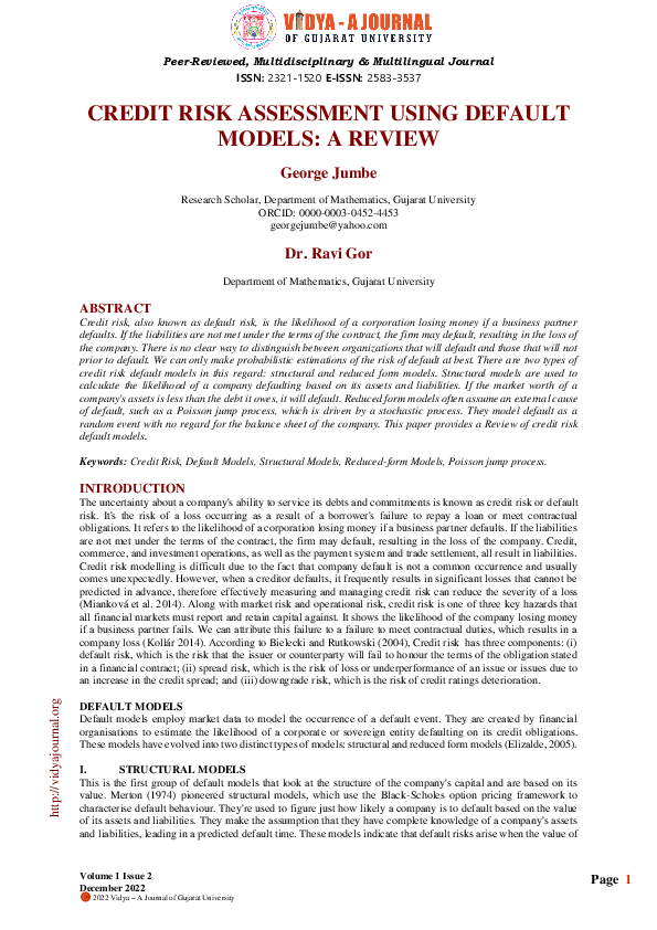 (PDF) Credit Risk Assessment Using Default Models: A Review