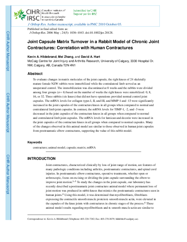 (PDF) Joint capsule matrix turnover in a rabbit model of chronic joint contractures: Correlation ...
