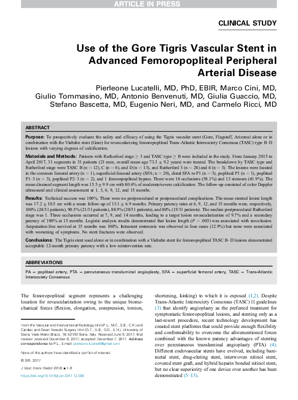(PDF) Use of the Gore Tigris Vascular Stent in Advanced Femoropopliteal ...