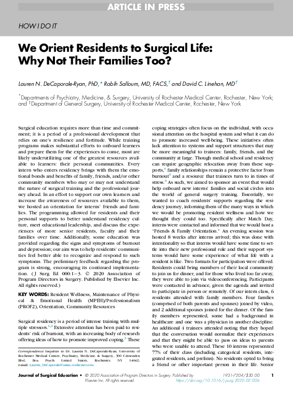 (PDF) We Orient Residents to Surgical Life: Why Not Their Families Too?