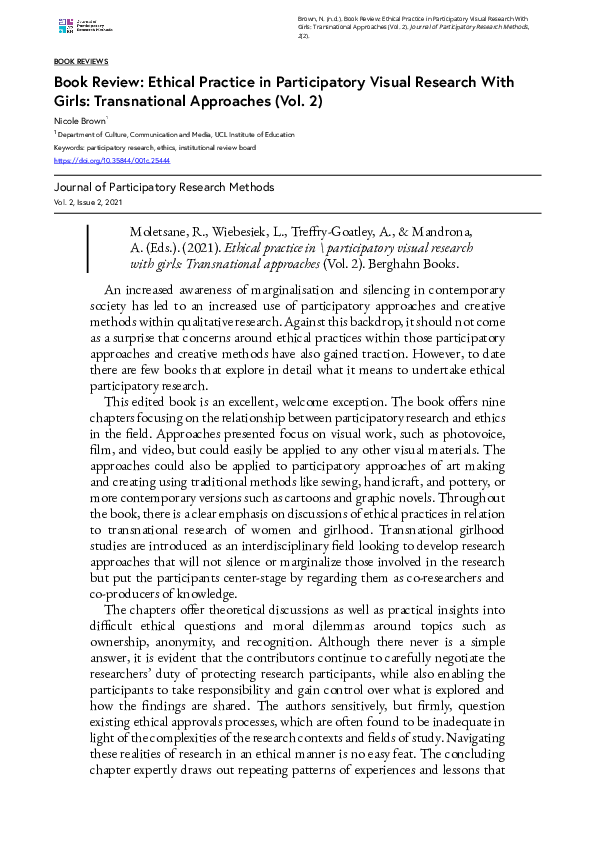 (PDF) Book Review: Ethical Practice in Participatory Visual Research ...