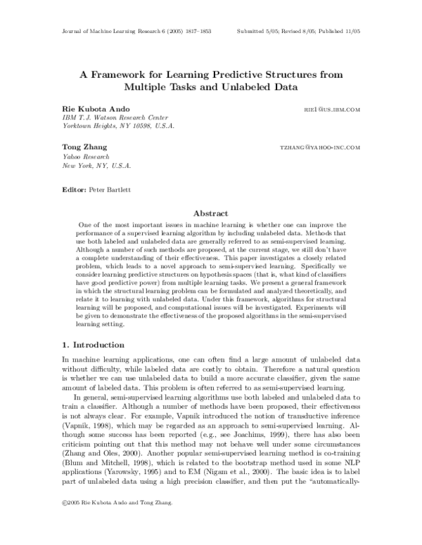(PDF) A Framework for Learning Predictive Structures from Multiple Tasks and Unlabeled Data