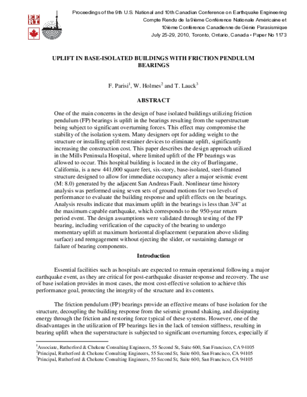 (PDF) Uplift in Base-Isolated Buildings with Friction Pendulum Bearings