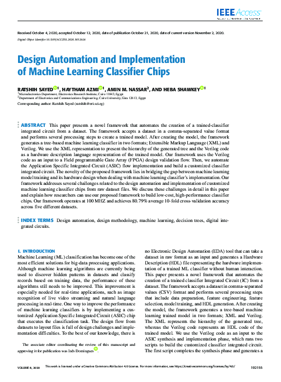 (PDF) Design Automation and Implementation of Machine Learning Classifier Chips