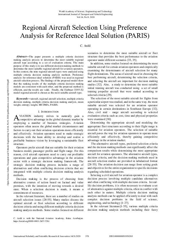 (PDF) Regional Aircraft Selection Using Preference Analysis for Reference Ideal Solution Paris