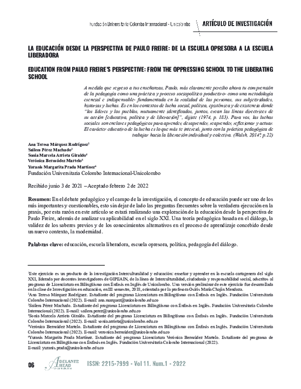 (PDF) LA EDUCACIÓN DESDE LA PERSPECTIVA DE PAULO FREIRE: DE LA ESCUELA ...