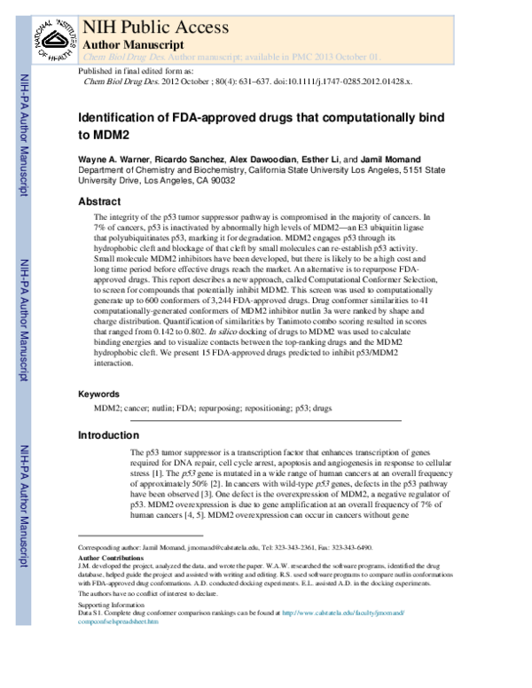 (PDF) Identification of FDA-approved Drugs that Computationally Bind to ...