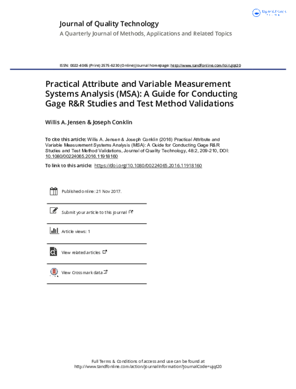 (PDF) Practical Attribute and Variable Measurement Systems Analysis (MSA): A Guide for ...