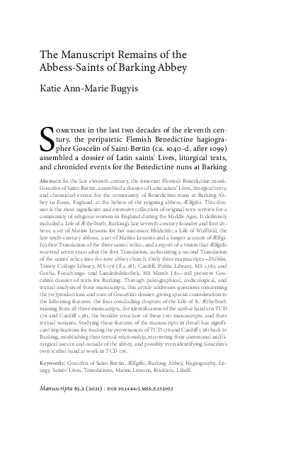 (PDF) "The Manuscript Remains of the Abbess-Saints of Barking Abbey," Manuscripta 65 (2021): 153 ...