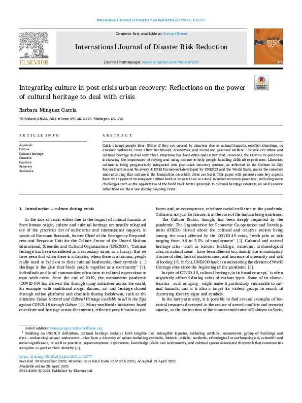 (PDF) Integrating culture in post-crisis urban recovery: Reflections on ...