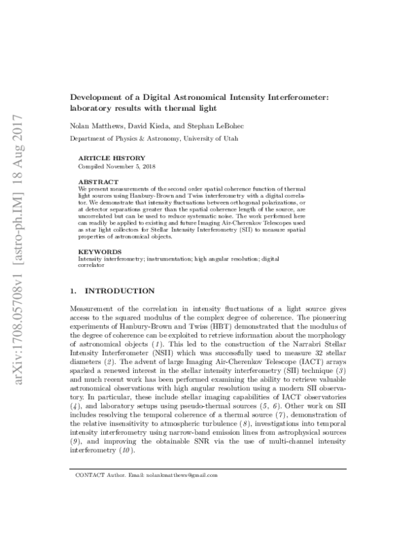 (PDF) Development of a digital astronomical intensity interferometer: laboratory results with ...