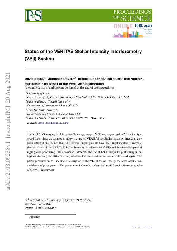 (PDF) Status of the VERITAS Stellar Intensity Interferometry (VSII) System