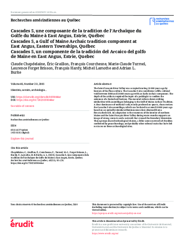 (PDF) Cascades 5, une composante de la tradition de l’Archaïque du ...