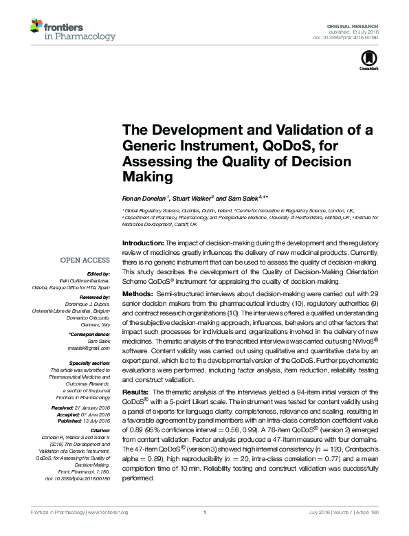 (PDF) The Development and Validation of a Generic Instrument, QoDoS ...