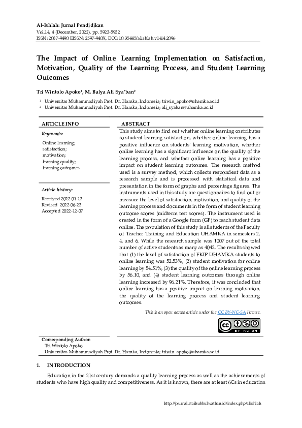 (PDF) The impact of online learning implementation on satisfaction, motivation, quality of the ...