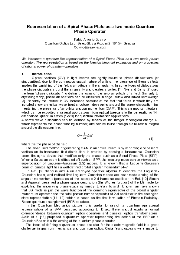 (PDF) Representation of a Spiral Phase Plate as a two mode Quantum ...