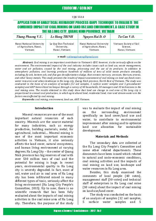 Pdf Геология Geology Application Of Analytical Hierarchy Process Ahp Technique To Evaluate