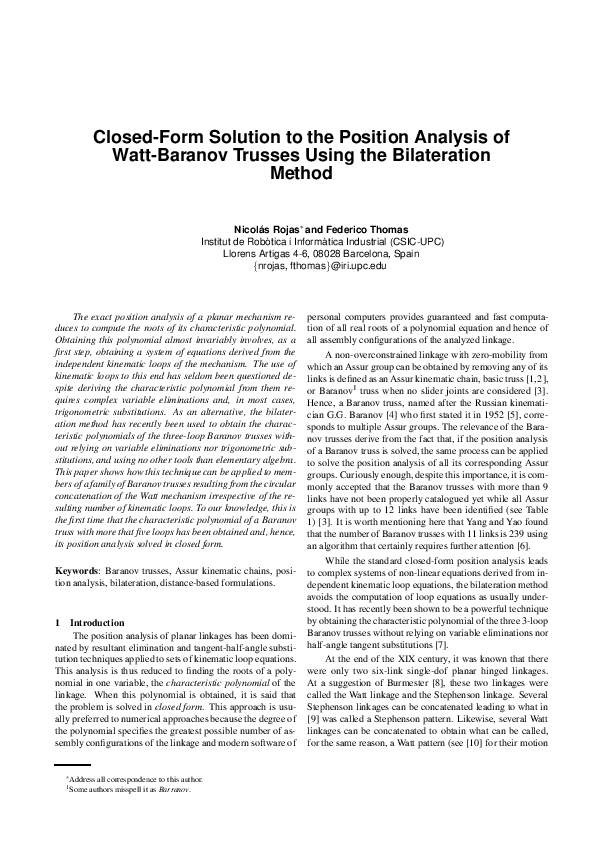 (PDF) Closed-Form Solution to the Position Analysis of Watt–Baranov Trusses Using the ...