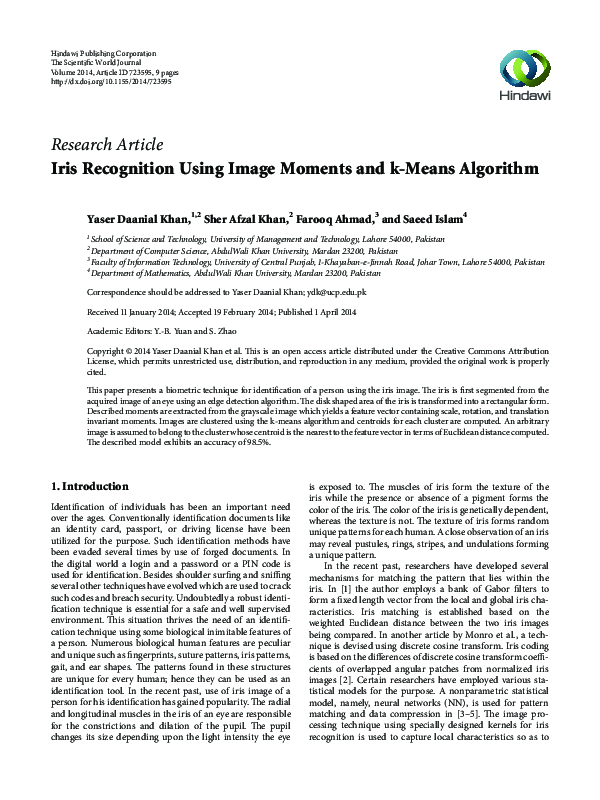 Pdf Iris Recognition Using Image Moments And K Means Algorithm