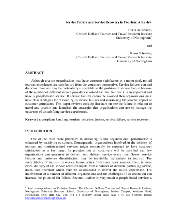 (PDF) Service Failure and Service Recovery in Tourism: A Review