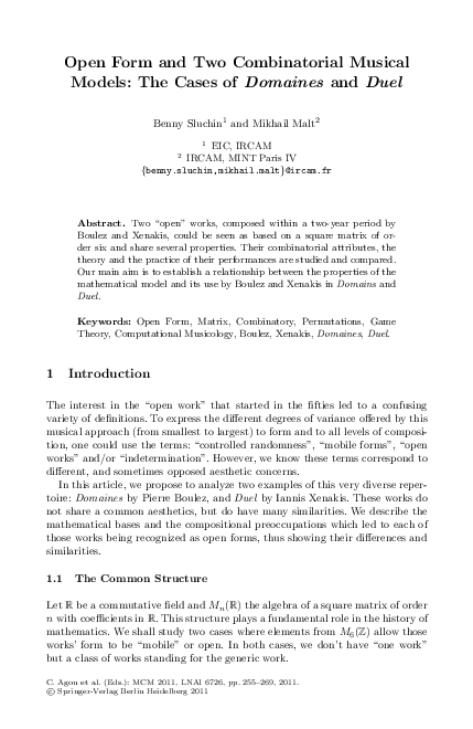 (PDF) Open Form and Two Combinatorial Musical Models: The Cases of Domaines and Duel