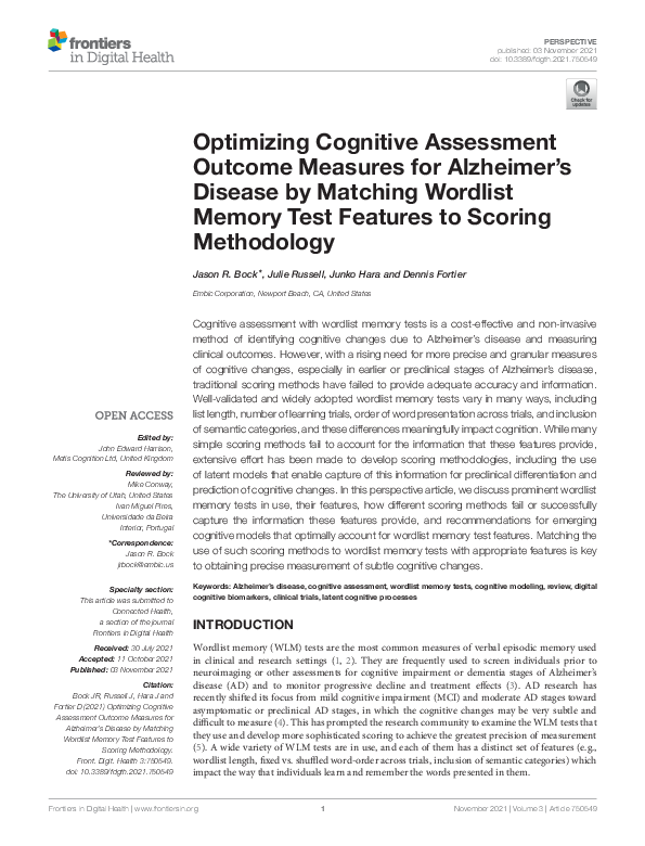 (PDF) Optimizing Cognitive Assessment Outcome Measures for Alzheimer's Disease by Matching ...