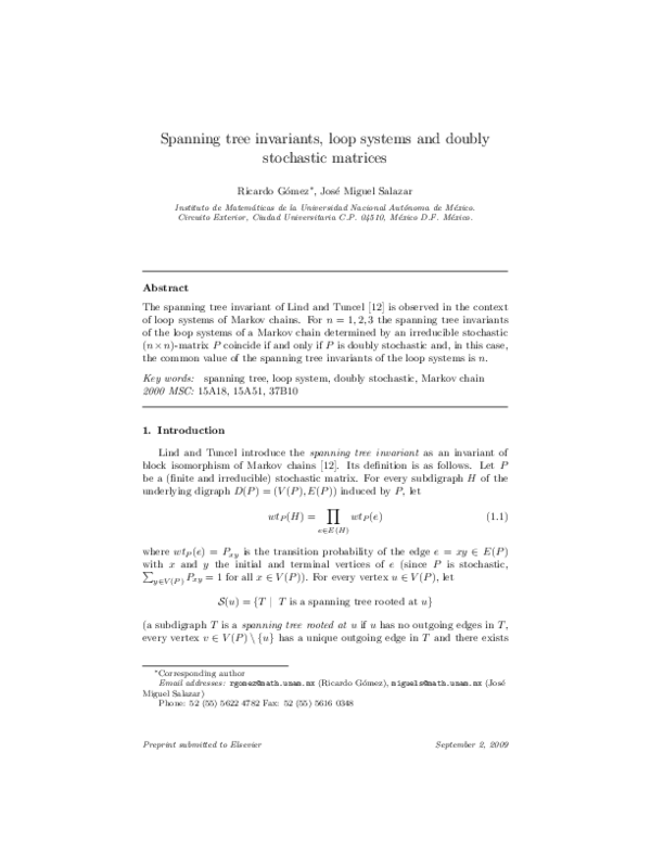 (PDF) Spanning tree invariants, loop systems and doubly stochastic matrices | Ricardo Gómez ...
