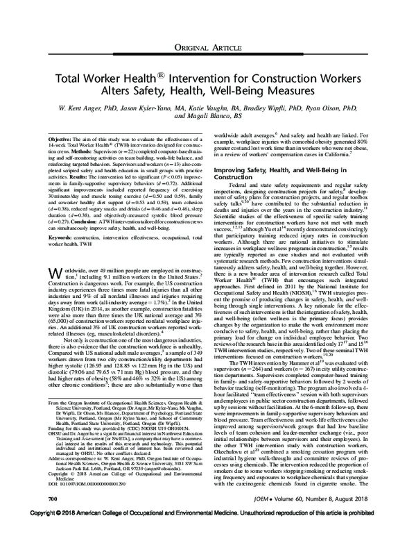 (PDF) Total Worker Health Intervention For Construction Workers ...