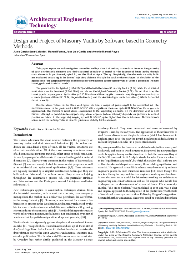 (PDF) Design and Project of Masonry Vaults by Software based in Geometry Methods