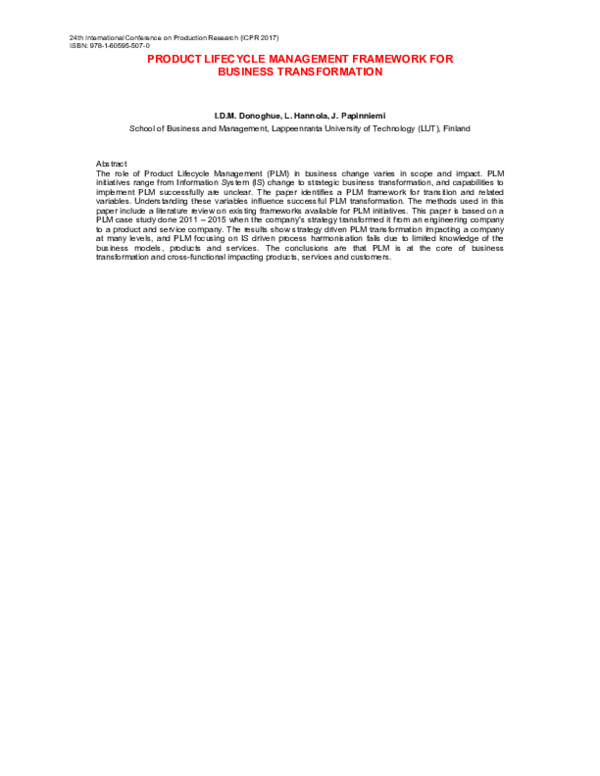 (PDF) Product Lifecycle Management Framework for Business Transformation