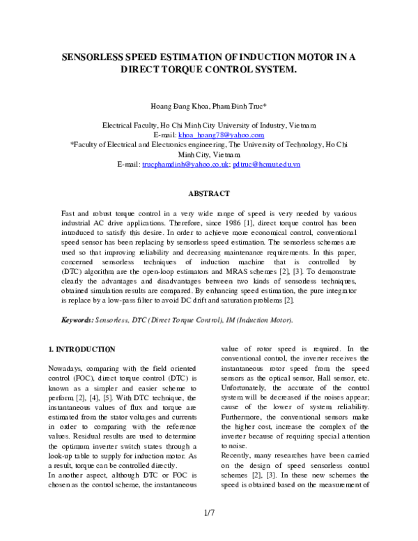 Pdf Sensorless Speed Estimation Of Induction Motor In A Direct Torque Control System Ước
