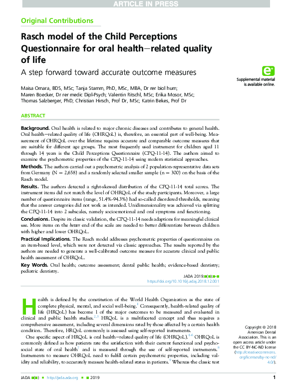(PDF) Rasch model of the Child Perceptions Questionnaire for oral ...