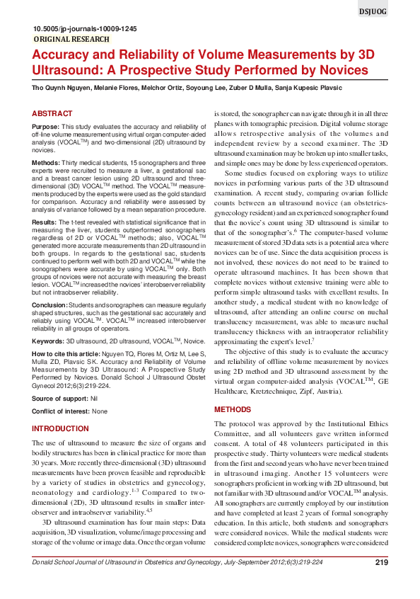 (PDF) Accuracy and Reliability of Volume Measurements by 3D Ultrasound ...