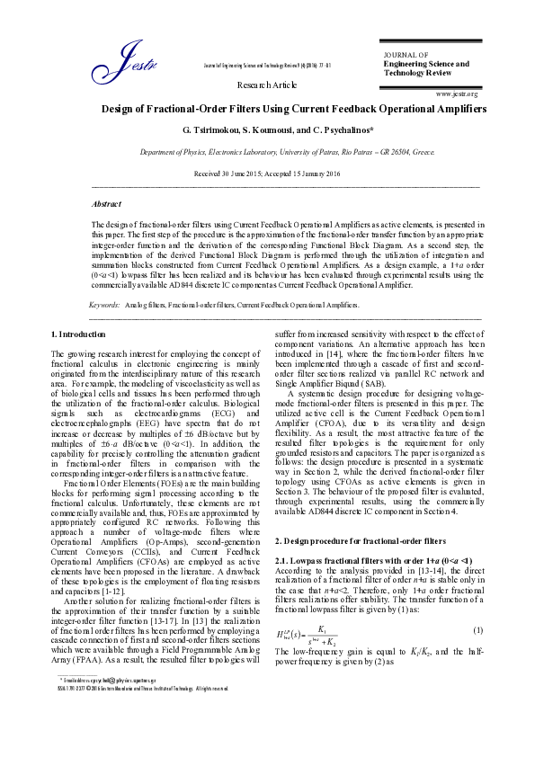 Pdf Design Of Fractional Order Filters Using Current Feedback