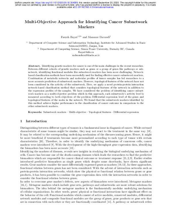 (PDF) Multi-Objective Approach for Identifying Cancer Subnetwork Markers