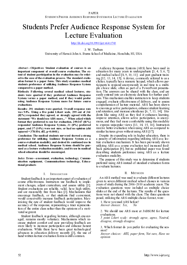 (PDF) Students Prefer Audience Response System for Lecture Evaluation