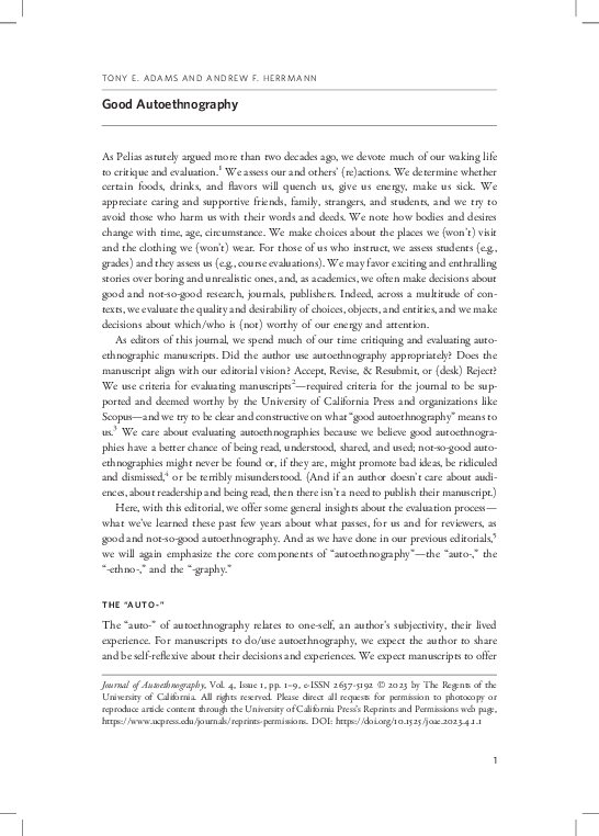 (PDF) Good Autoethnography