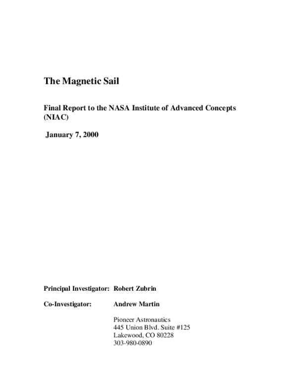 (PDF) The magnetic sail | Robert Zubrin - Academia.edu