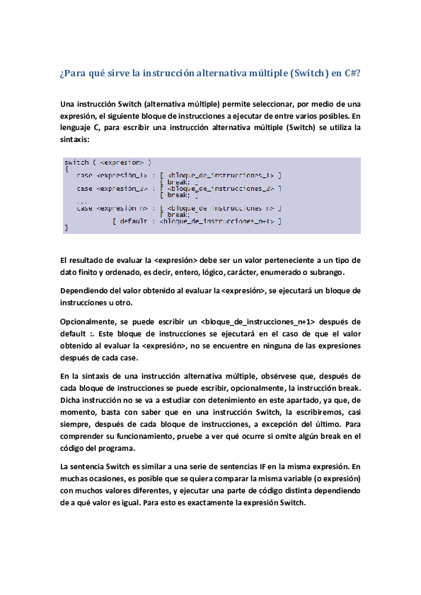 (PDF) Para qué sirve la instrucción alternativa múltiple (Switch) en C