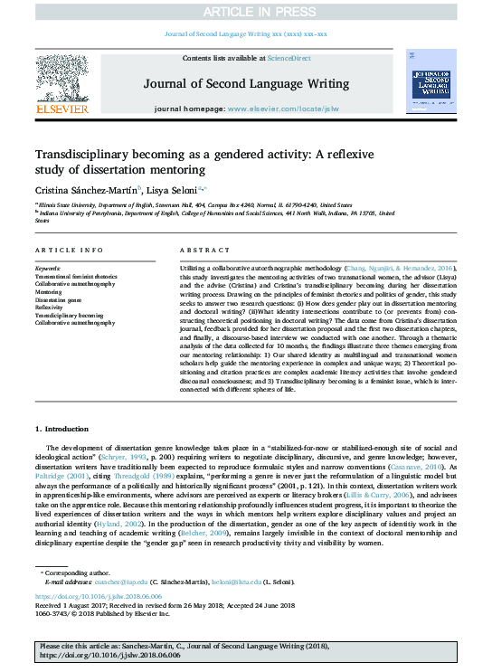 (PDF) Transdisciplinary becoming as a gendered activity: A reflexive ...