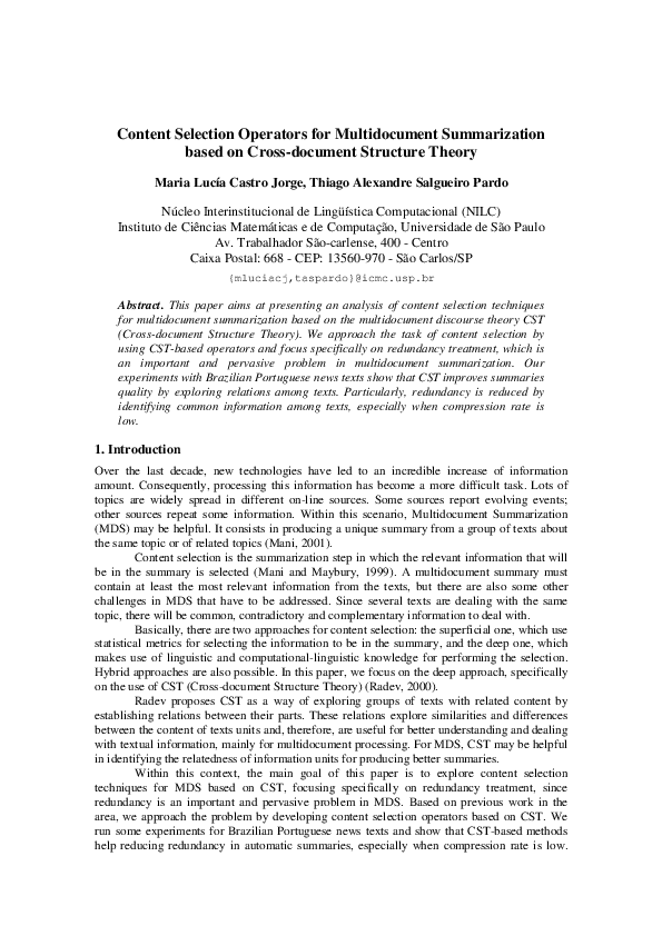 (PDF) Content Selection Operators for Multidocument Summarization Based on Cross-Document ...