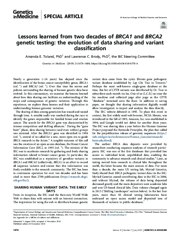 (PDF) Lessons learned from two decades of BRCA1 and BRCA2 genetic ...