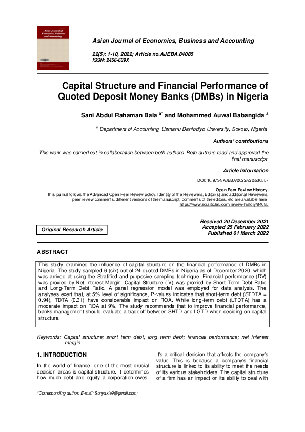 (PDF) Capital Structure and Financial Performance of Quoted Deposit Money Banks (DMBs) in Nigeria