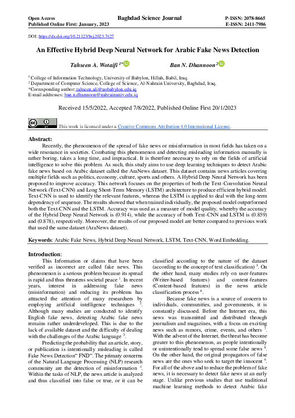 Pdf An Effective Hybrid Deep Neural Network For Arabic Fake News Detection