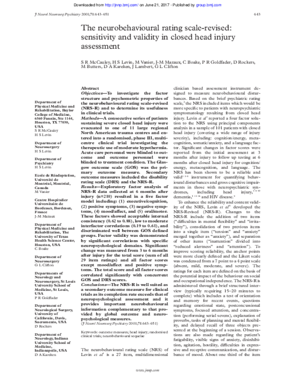 (PDF) The neurobehavioural rating scale-revised: sensitivity and ...