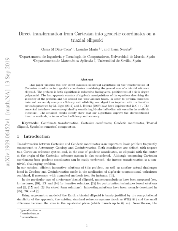 Pdf Direct Transformation From Cartesian Into Geodetic Coordinates On