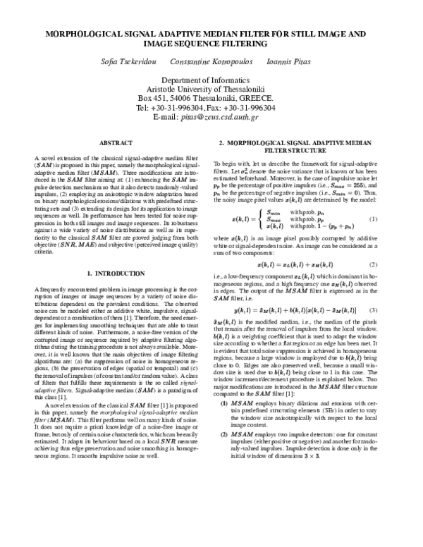 Pdf Morphological Signal Adaptive Median Filter For Noise Removal Constantine Kotropoulos