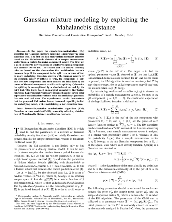 Pdf Gaussian Mixture Modeling By Exploiting The Mahalanobis Distance Constantine Kotropoulos