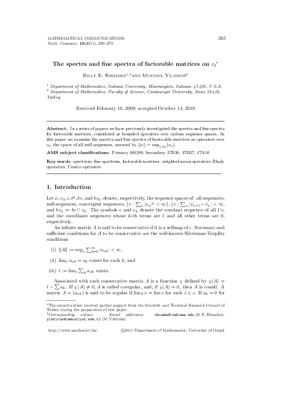 (PDF) The spectra and fine spectra of factorable matrices on c 0
