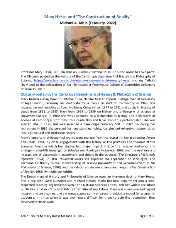 (PDF) Mary Hesse and The Construction of Reality